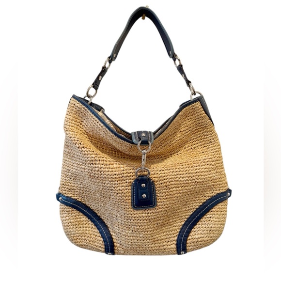 Coach | Bags | Coach Raffia Hobo Shoulder Bag With Navy Blue Leather ...